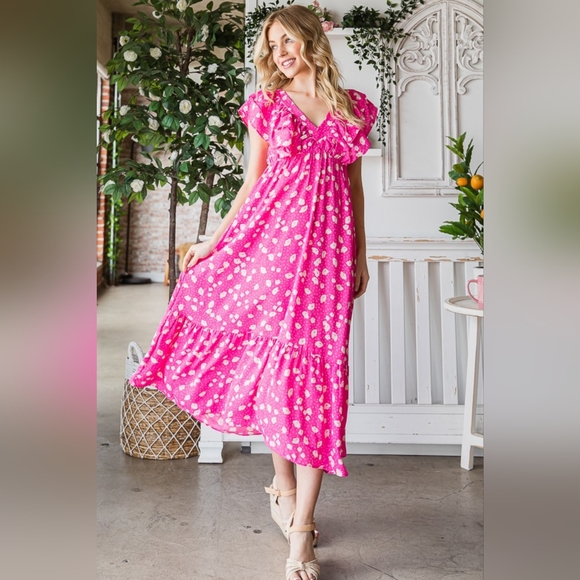 Reborn J | Dresses | Reborn J Printed Vneck Ruffle Trim Tiered Midi ...